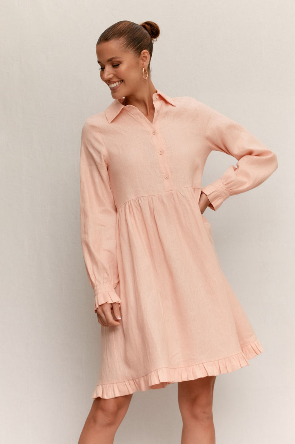 Adorne - Amina Ruffle Button up Front Linen Dress – sammi